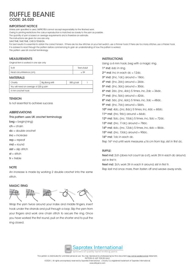 RUFFLE BEANIE PATTERN – Vaalcraft Distributors